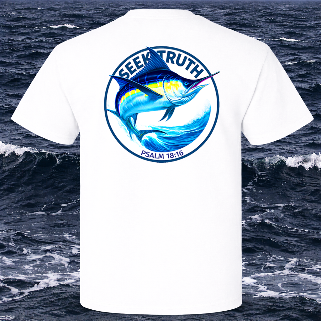 Christian Marlin Fishing T-Shirt – Psalm 18:16 “Seek Truth” Comfort Co ...